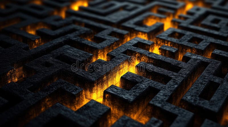Dark Stone Labyrinth with Glowing Orange Fire Stock Illustration ...