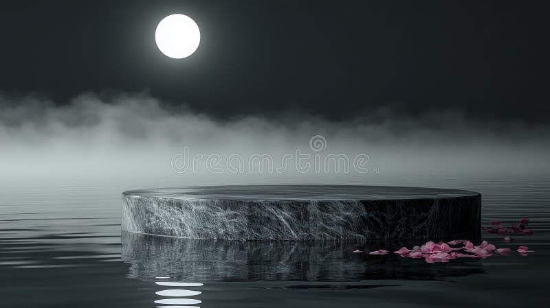 Dark Stone Platform on Misty Water Under Night Moon Stock Illustration ...