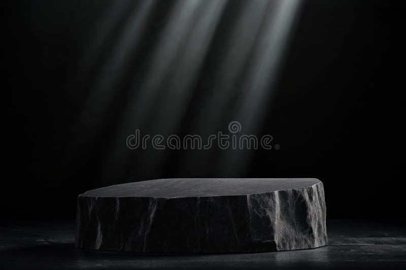 Dark Stone Podium Stands on Dark Floor. Dramatic Lighting Spotlights ...
