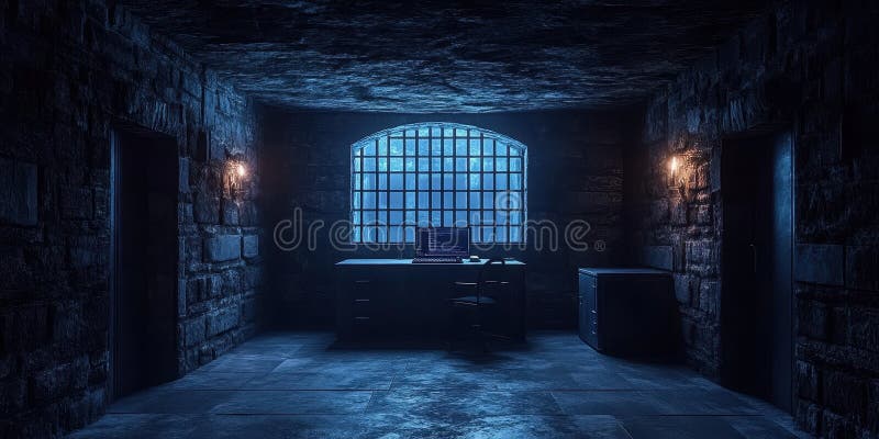 A Dark Stone Prison Room with a Computer Placed in the Corner, Creating ...