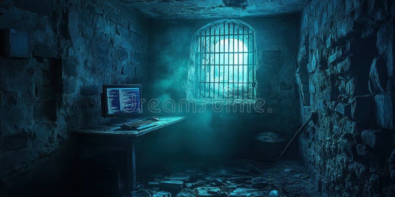 A Dark Stone Prison Room with a Computer Placed in the Corner, Creating ...