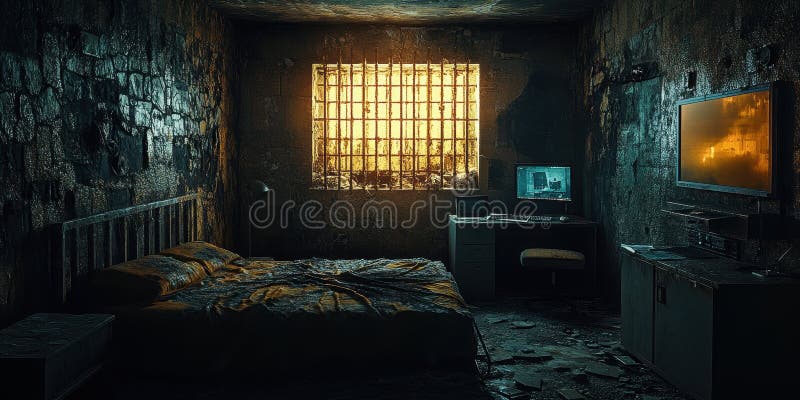 A Dark Stone Prison Room with a Computer Placed in the Corner, Creating ...