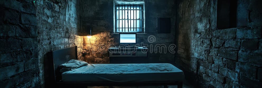 A Dark Stone Prison Room with a Computer Placed in the Corner, Creating ...
