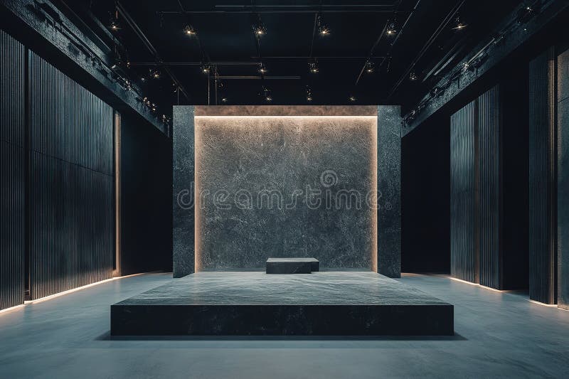Dark Stone Texture Platform with Accent Lighting and Metallic Vertical ...