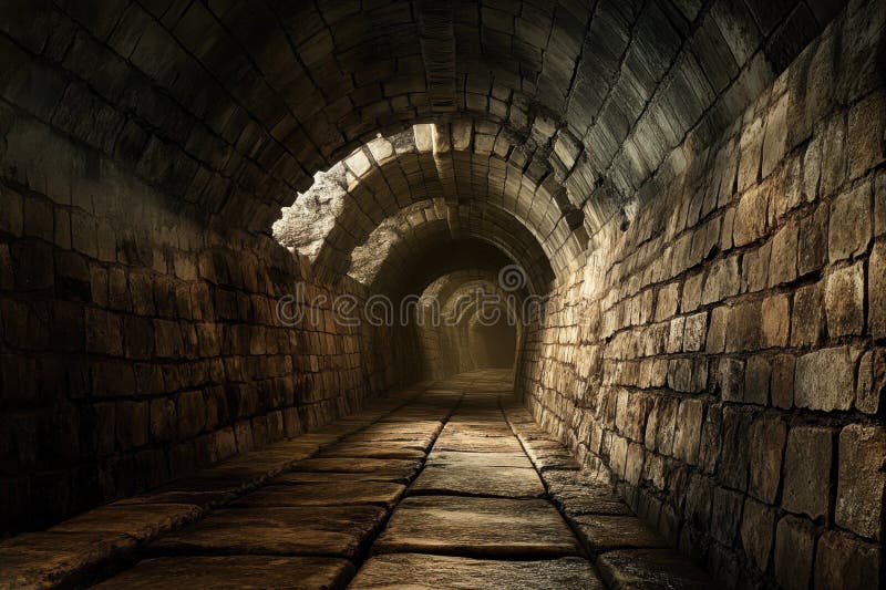 Dark Stone Tunnel with Arches Leading into the Unknown in an Ancient ...