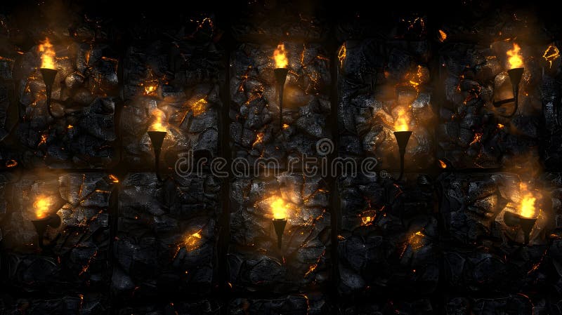 A Dark Stone Wall with Flickering Torches Illuminating the Surface ...