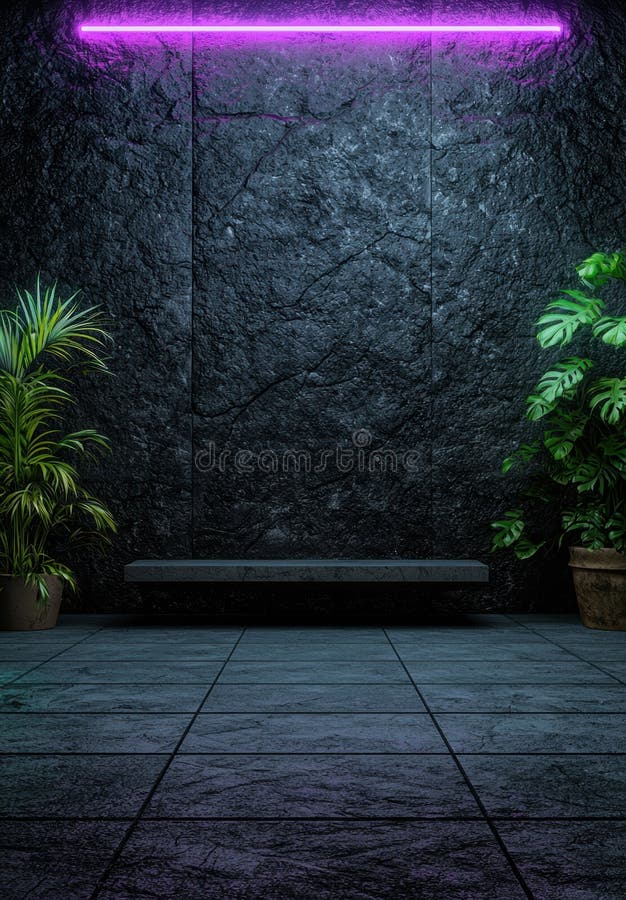 Dark Stone Wall with Neon Light and Plants. Stock Illustration ...