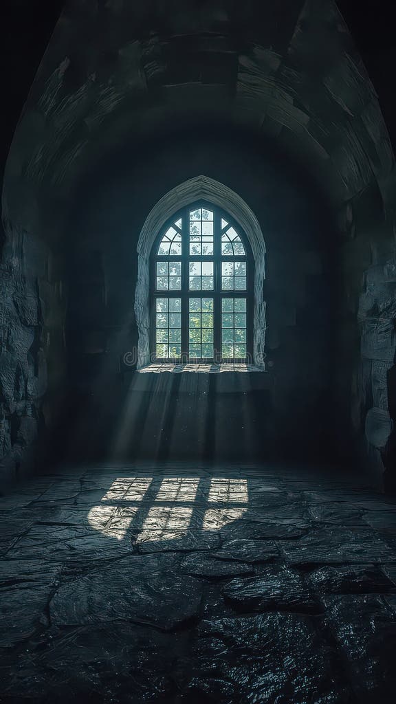 Arched Window with Sunlight Streaming into a Stone Room Creating ...