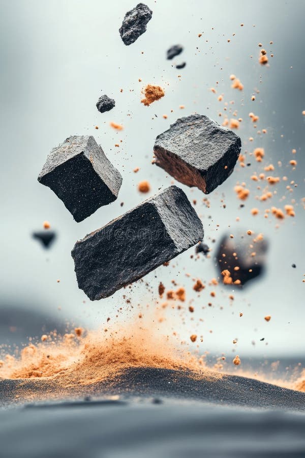 Dark Stones Falling. Brown Particles Exploding. Isolated Mineral Pieces ...