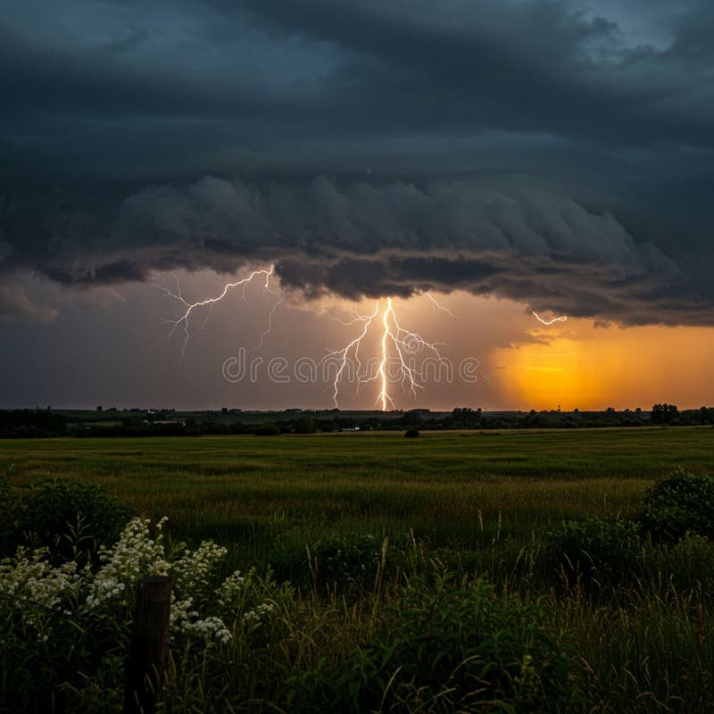 Dark Storm Clouds Dominate the Sky, Framing Multiple Lightning Bolts ...