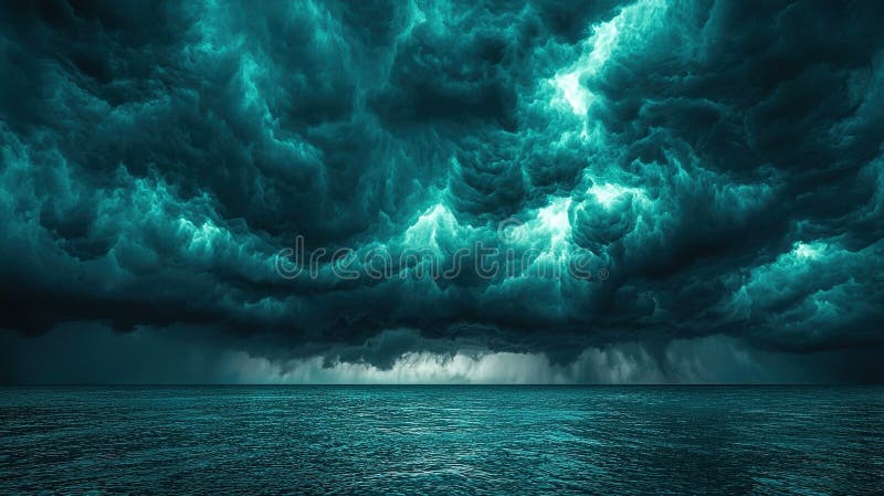 Dark Storm Clouds Gathering Over a Turbulent Ocean, Rain Falling in the ...