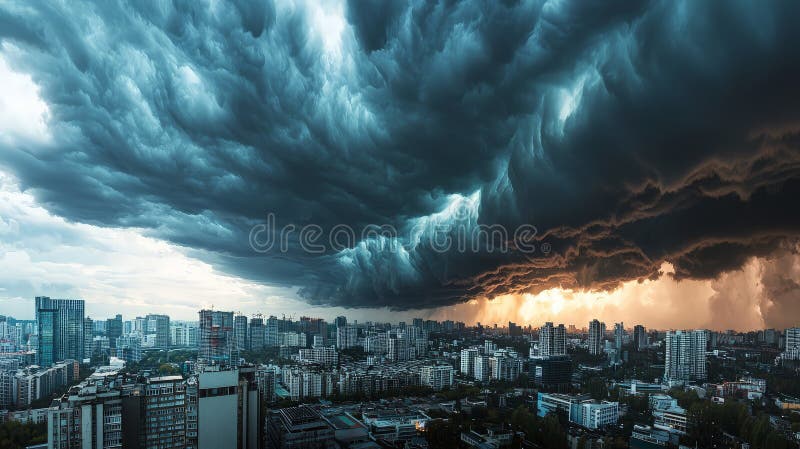 Dark Storm Clouds Over City Skyline Stock Image - Image of evening ...