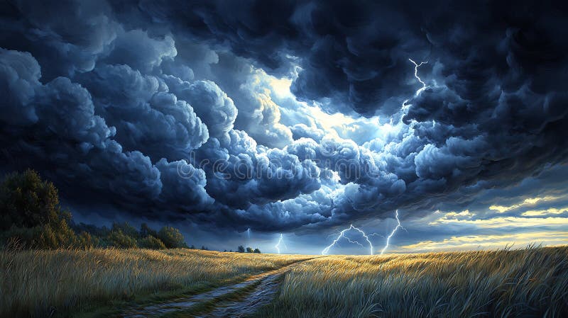 Dark Storm Clouds Over a Windswept Field with Lightning Flashes. Stock ...