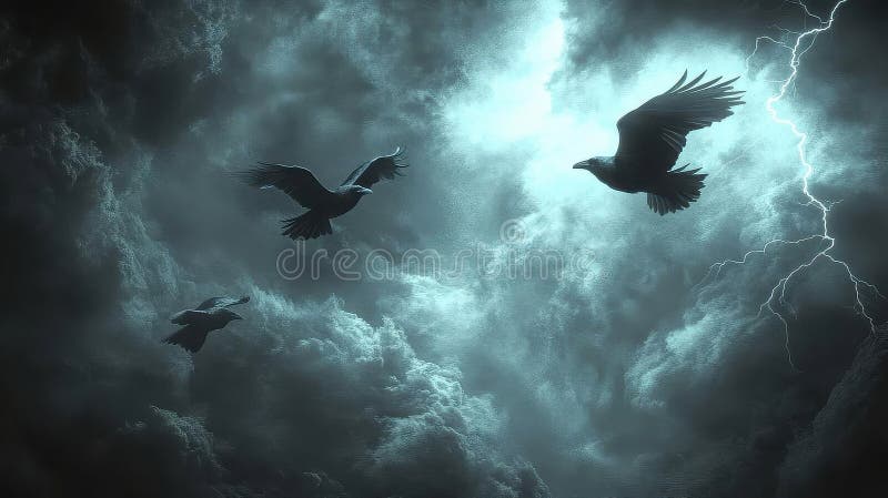 Dark Storm Clouds with Ravens and Lightning Stock Illustration ...