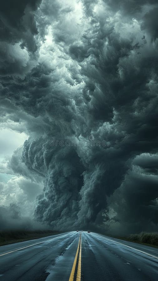 Dark Storm Clouds Rolling Over an Empty Highway, Dramatic Mood. Stock ...
