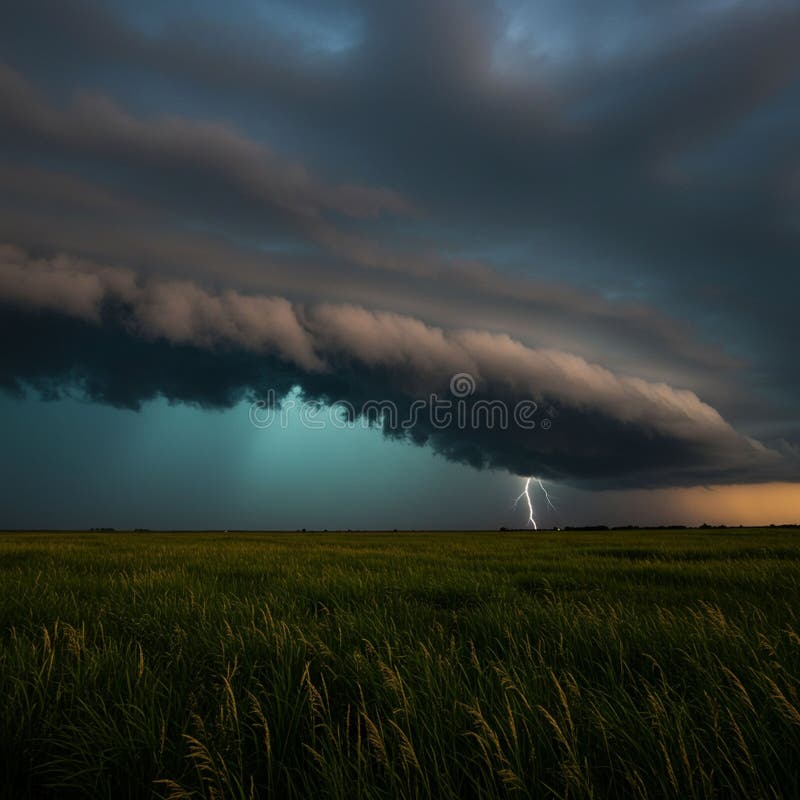 Dark Storm Clouds Stretch Across the Sky, Creating a Dramatic Backdrop Over a Grassy Stock ...