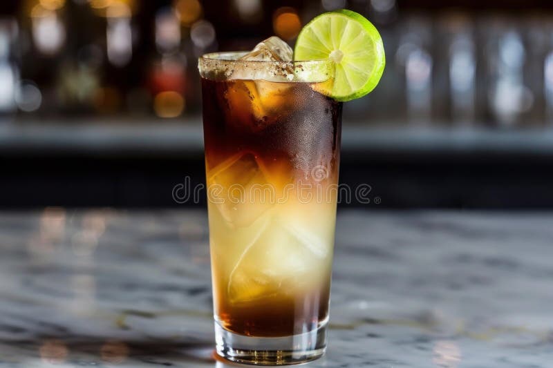 Dark and Stormy Cocktail Standing on Bar with Lime Garnish Stock Image ...