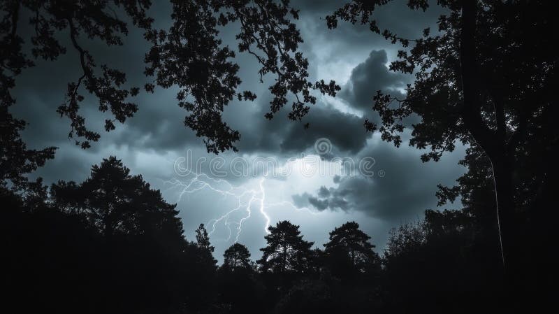 Dark Stormy Night with Lightning and Dramatic Clouds Over Silhouetted ...