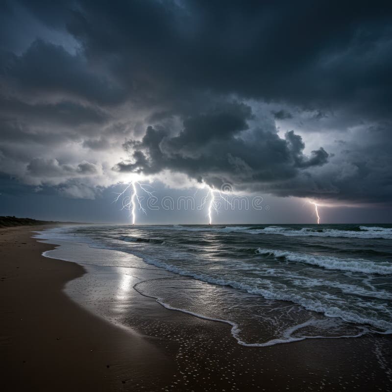 Dark Stormy Night Ocean Beach with Lightning Strikes Stock Illustration ...