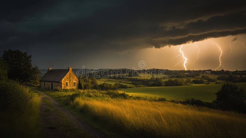 A Dark Stormy Scene with Lightning Illuminating a Rustic House and ...