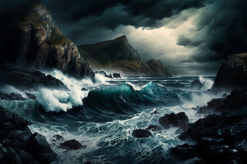 Dark Stormy Scene with Waves Crashing on Rocks. Generative AI Stock ...