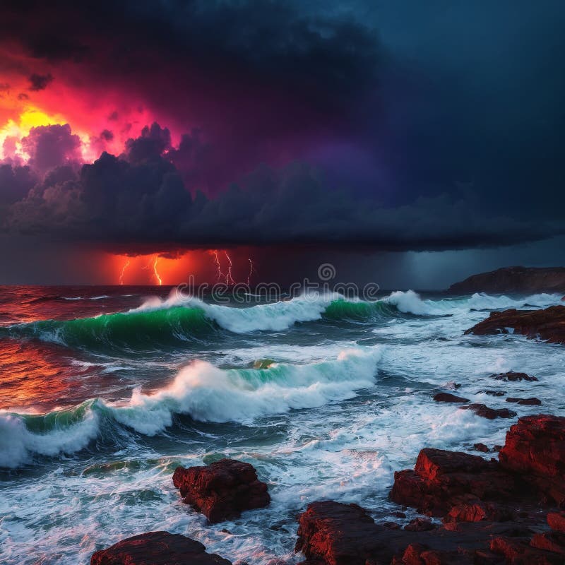 Dark Stormy Sea with Dramatic Sky and Lightnings Stock Illustration ...