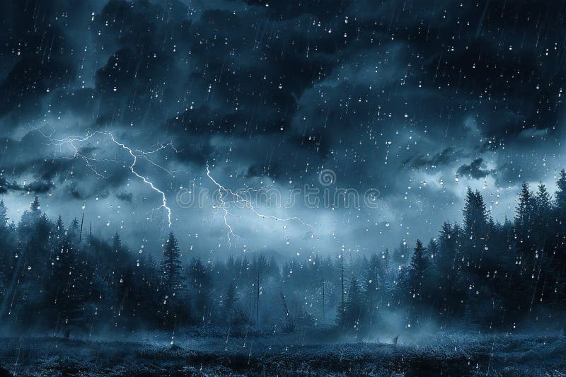 Dark Stormy Sky with Thunder and Lightning, Raindrops Falling Down ...