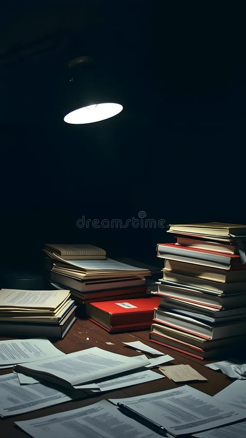 Dimly Lit Study Desk with Piles of Books and Papers in a Tired ...