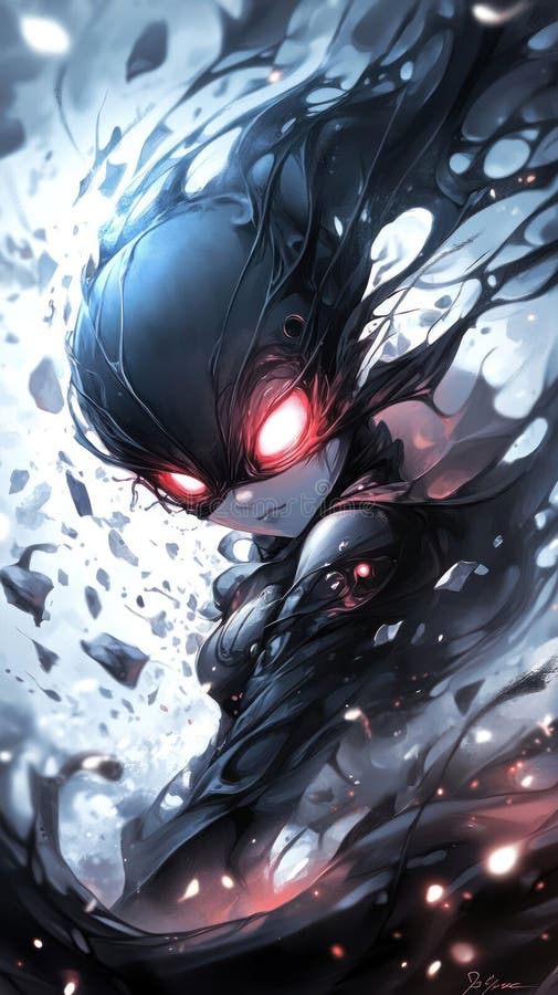 A Dark, Stylized Character with Glowing Red Eyes, Surrounded by ...