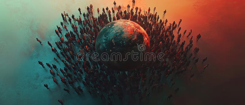 A Dark, Stylized Image of a Planet Surrounded by a Mass of People Stock ...