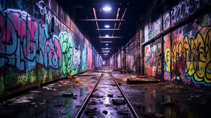 Dark Subway Tunnel Covered in Graffiti, Desolate and Atmospheric Stock ...