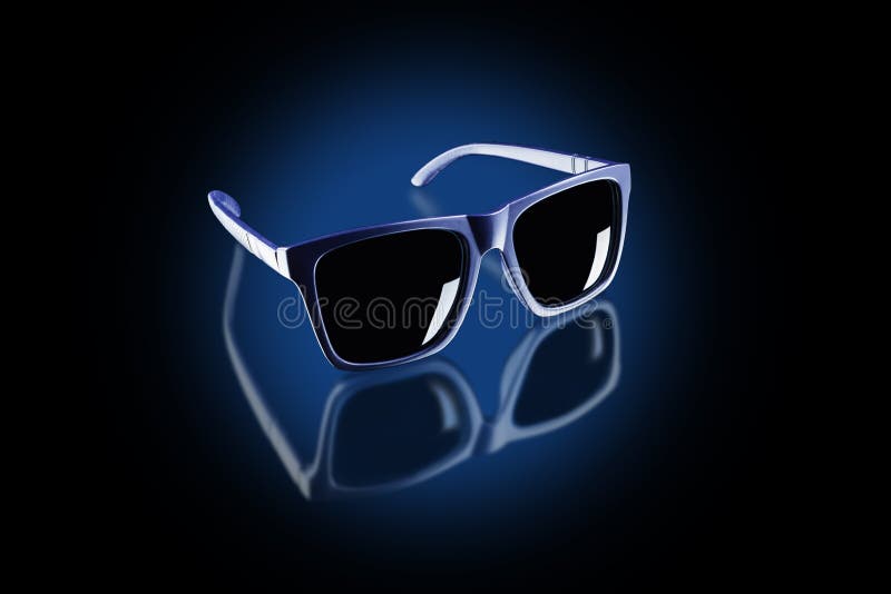 Dark Sunglasses in Circle of Blue Light on Black Reflective Surface ...