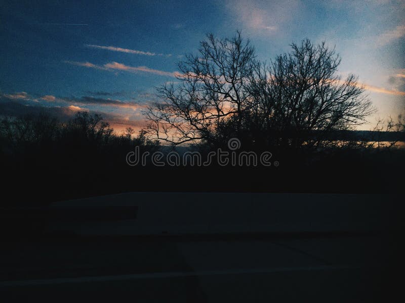 Dark sunset stock photo. Image of blues, tree, yellows - 91226670