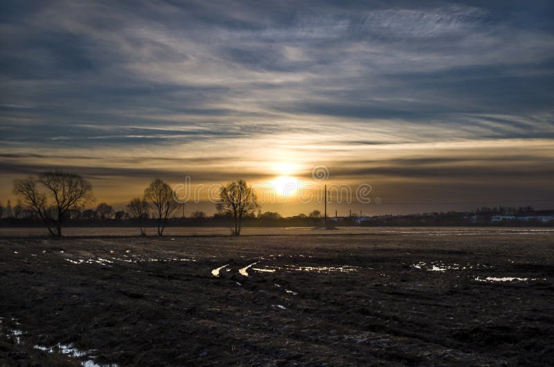A dark sunset stock photo. Image of field, trees, blue - 87988826