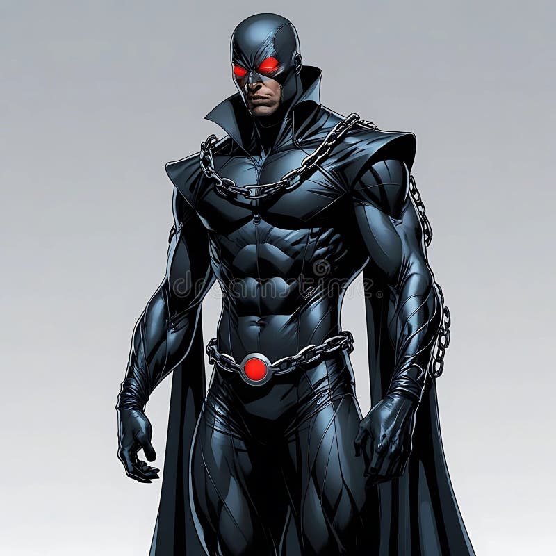 Dark Superhero with Chains and Red Glowing Eyes. Powerful Comic Villain ...