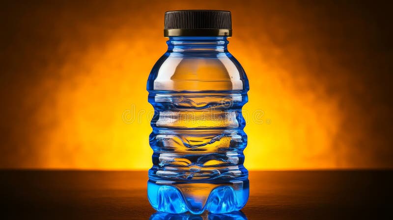 On a Dark Surface, a Blue Plastic Bottle with a Yellow Cap Stands ...