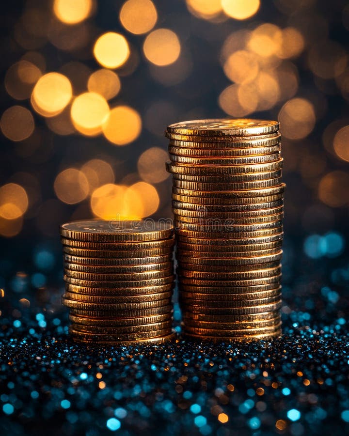 A Dark Surface Features Stacks of Golden Coins with Bokeh Lighting ...