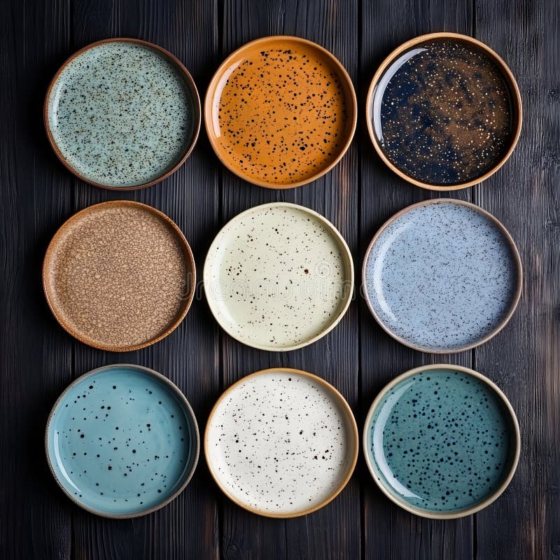 On a Dark Surface, a Group of Rustic Ceramic Plates with Earthy Tones ...
