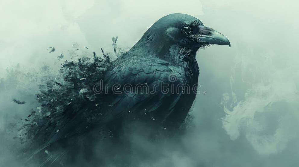Dark Surreal Crow in Misty Atmosphere Stock Illustration - Illustration ...