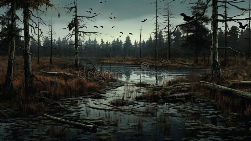 Dark Swamp Illustration with Birds in Topographical Realism Style Stock ...