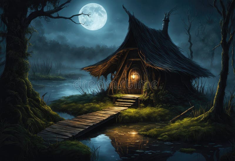 A Dark Swamp with a Witch-s Hut Stock Illustration - Illustration of ...