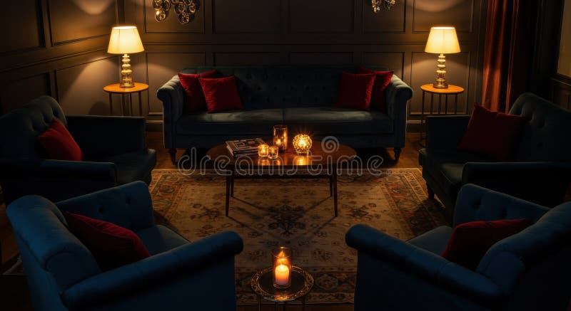 Dark Teal Living Room with Warm Lighting and Candles Stock Photo ...