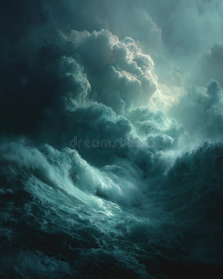 Dark Teal Ocean Waves and Storm Clouds Stock Illustration - Illustration of atmospheric, nature ...