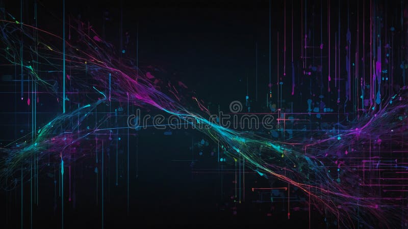 Dark Tech Network with Neon Light Trails and Splatter Art Stock ...