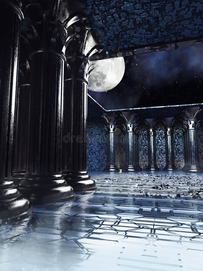 Dark Temple with Black Marble Columns with the View of a Night Sky ...