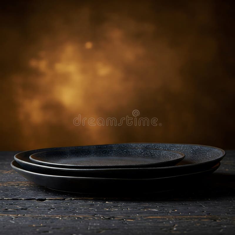 Dark Textured Plates Stacked on a Rustic Wooden Table Against a Blurred ...