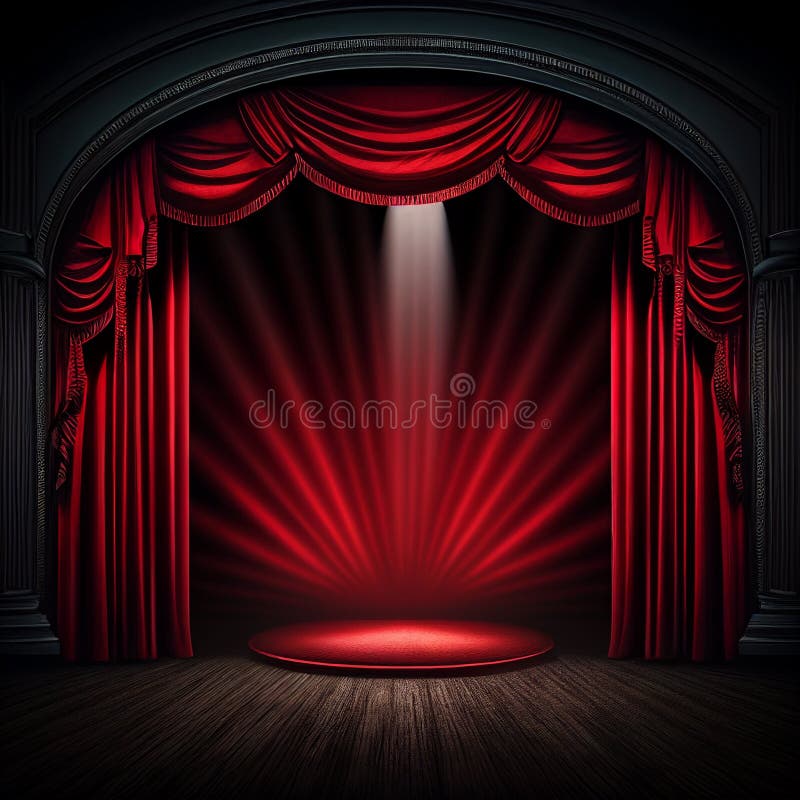 Dark Theater Stage with Red Curtains and Spotlight Stock Illustration ...