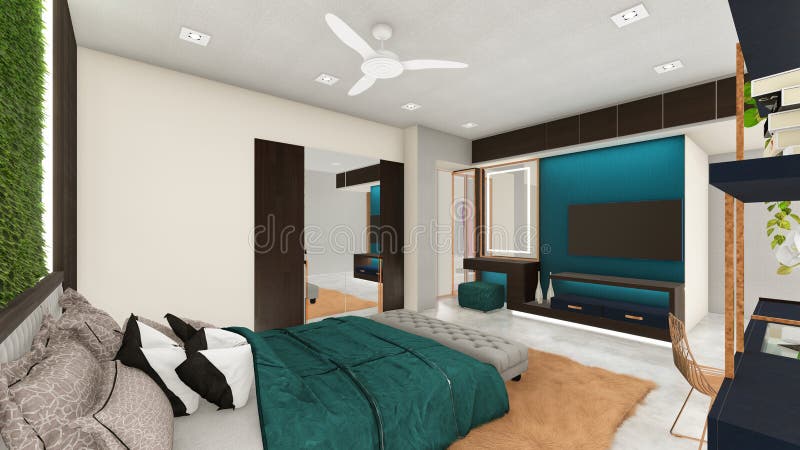 Dark Theme Cozy Bedroom Interior with Dressing Table in Teal Green 3D ...