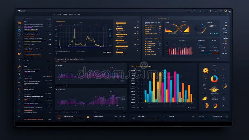 Dark Theme Data Visualization Dashboard Displaying Metrics Stock Illustration - Illustration of ...
