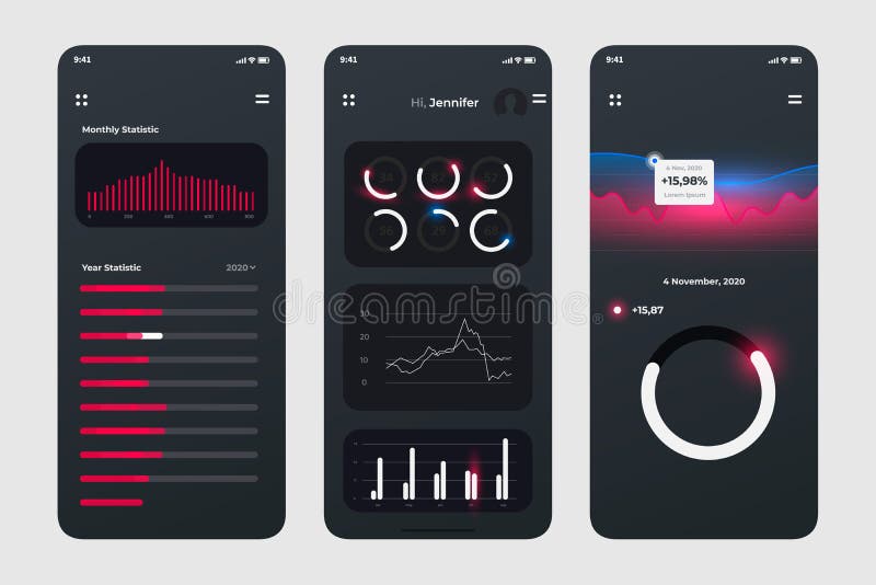 Dark Theme Mobile App Template. Data Analysis Hud Elements, Ser Dashboard of Data Statistics ...